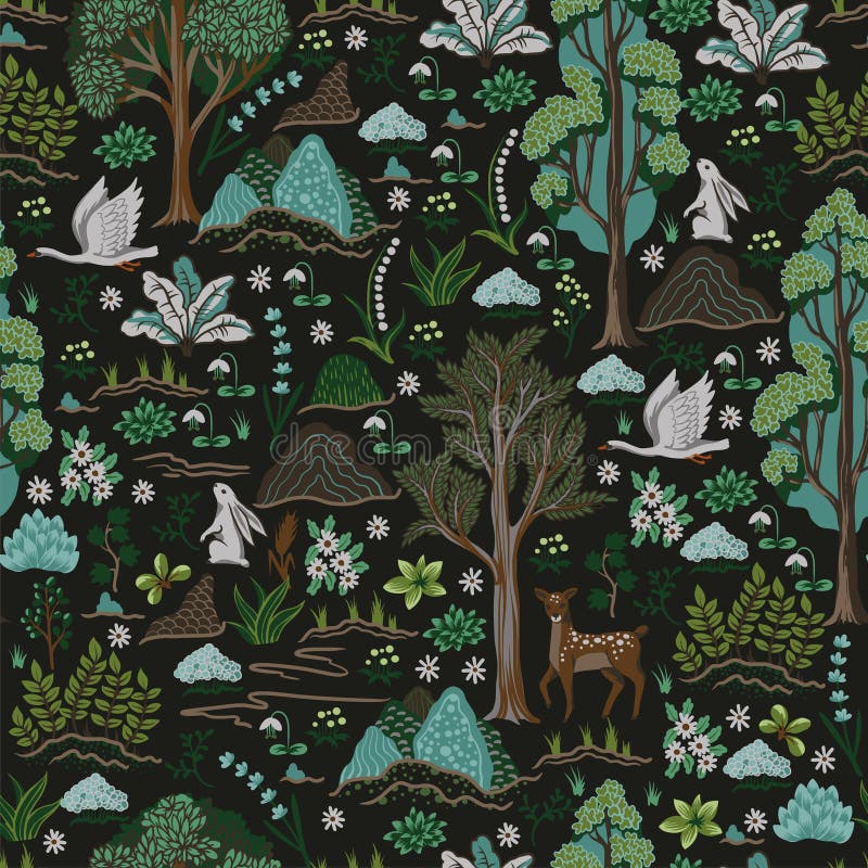 Seamless Rustic Pattern with Trees, Animals and Plants. Vector. Stock Vector - Illustration of ...