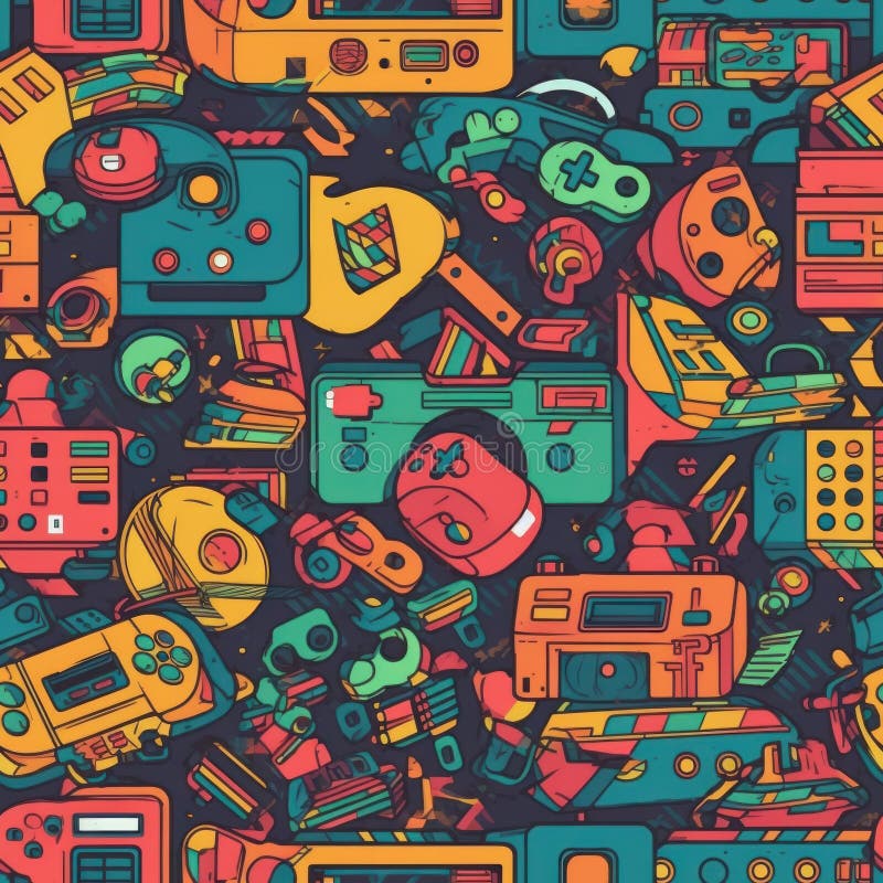 Seamless 80s Retro Pattern with Video Game Theme Stock Illustration ...