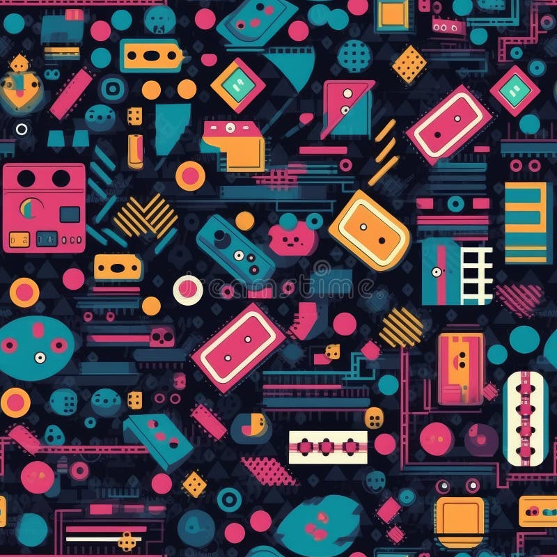 Seamless 80s Retro Pattern with Video Game Theme Stock Illustration ...