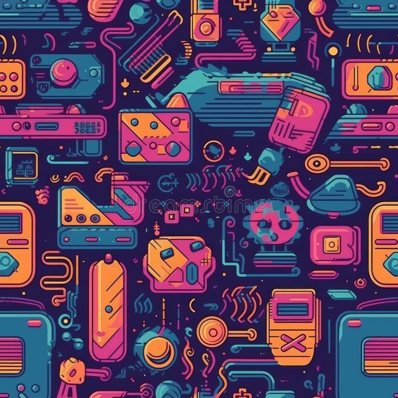 Seamless 80s Retro Pattern with Video Game Theme Stock Illustration ...