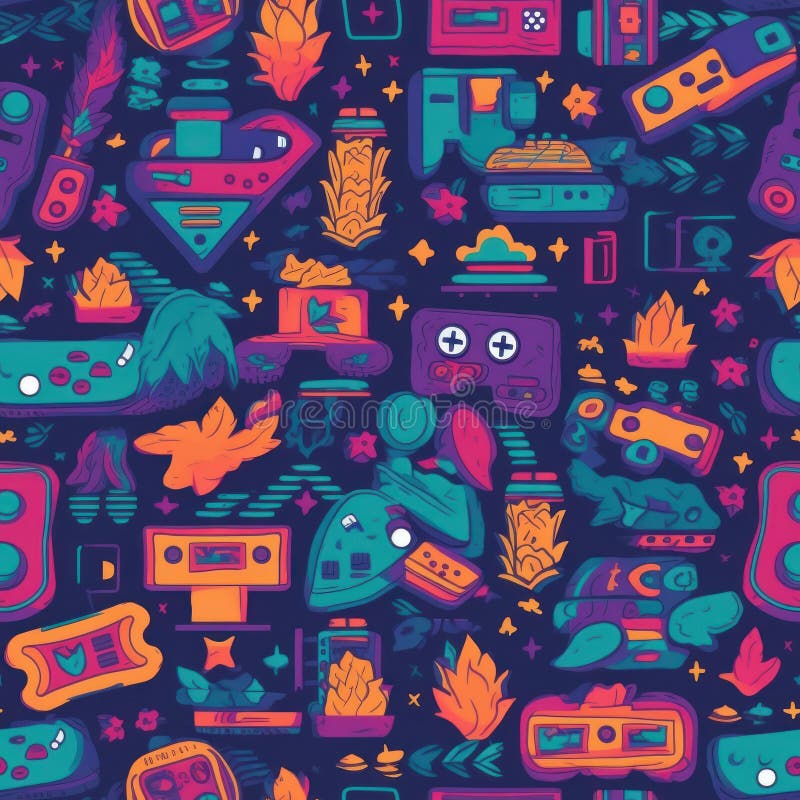 Seamless 80s Retro Pattern with Video Game Theme Stock Illustration ...