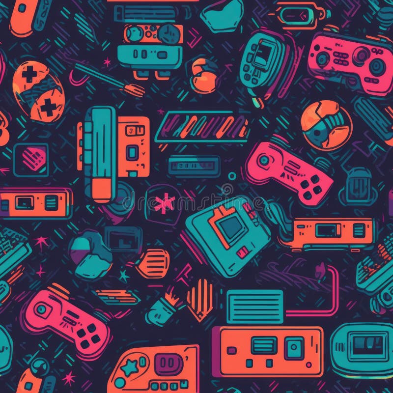 Seamless 80s Retro Pattern with Video Game Theme Stock Illustration ...