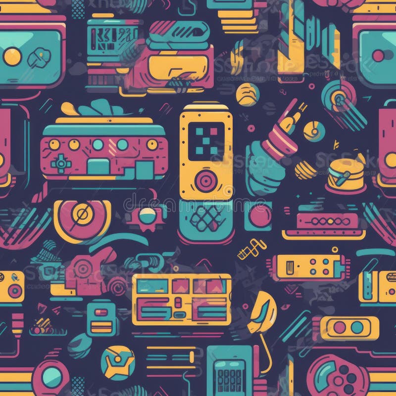 Seamless 80s Retro Pattern with Video Game Theme Stock Illustration ...
