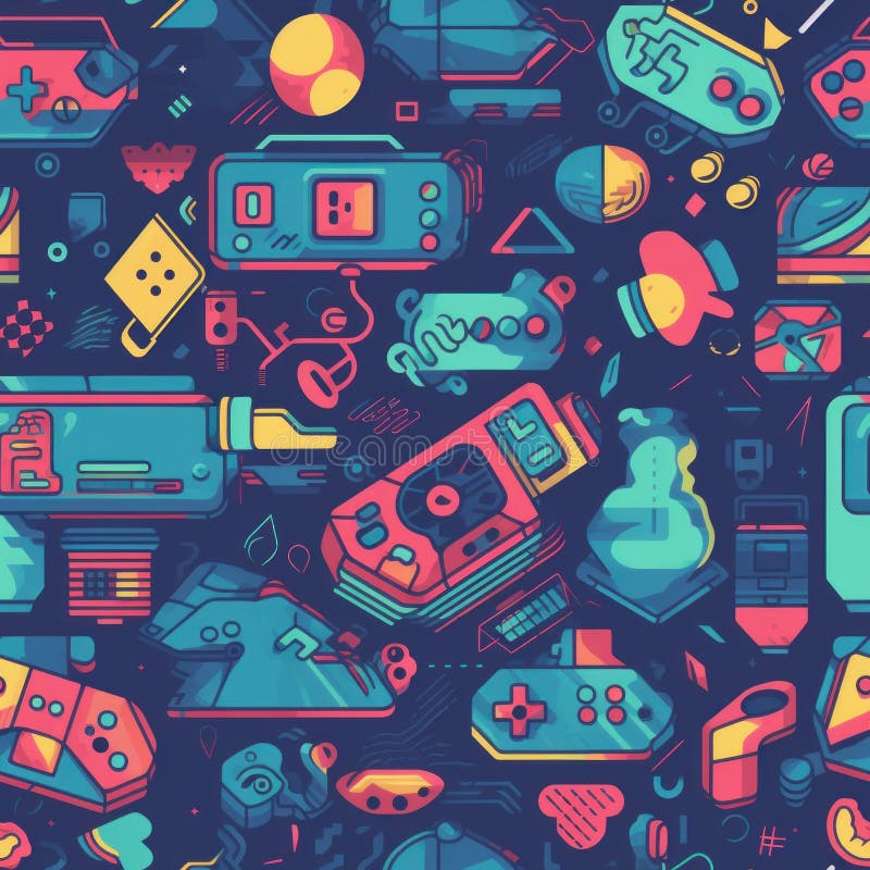 Seamless 80s Retro Pattern with Video Game Theme Stock Illustration ...