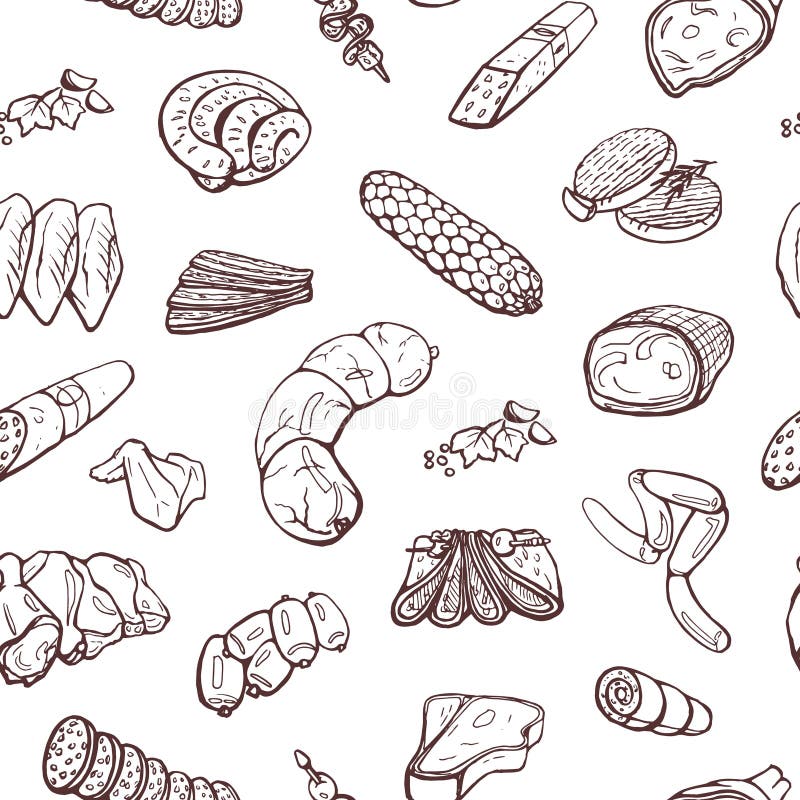 Seamless Pattern Of Meat Sausages Meat Products Vector Hand Drawings