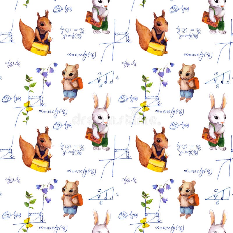 Seamless School Pattern with Animals, Math Formula, Flowers. Watercolor ...