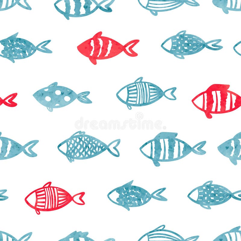 Seamless Sea Pattern with Cute Watercolor Fish. Marine Vector ...