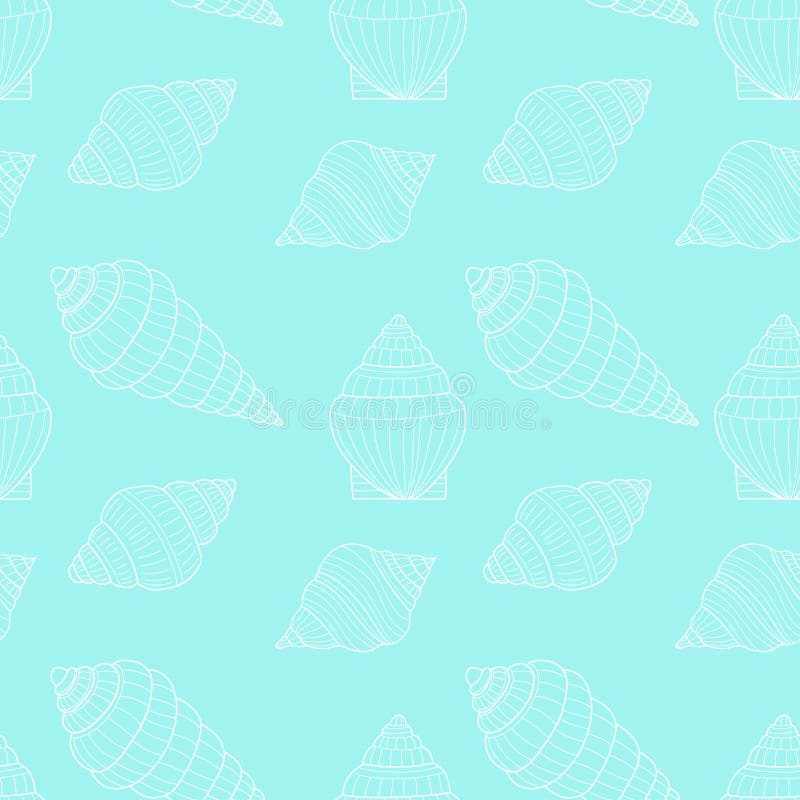 Seamless Sea Pattern. Outline White Spiral Shells on Blue Background ...
