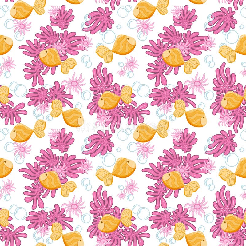 Seamless Sea Pattern Wallpaper Seabed with Cute Fish on White ...