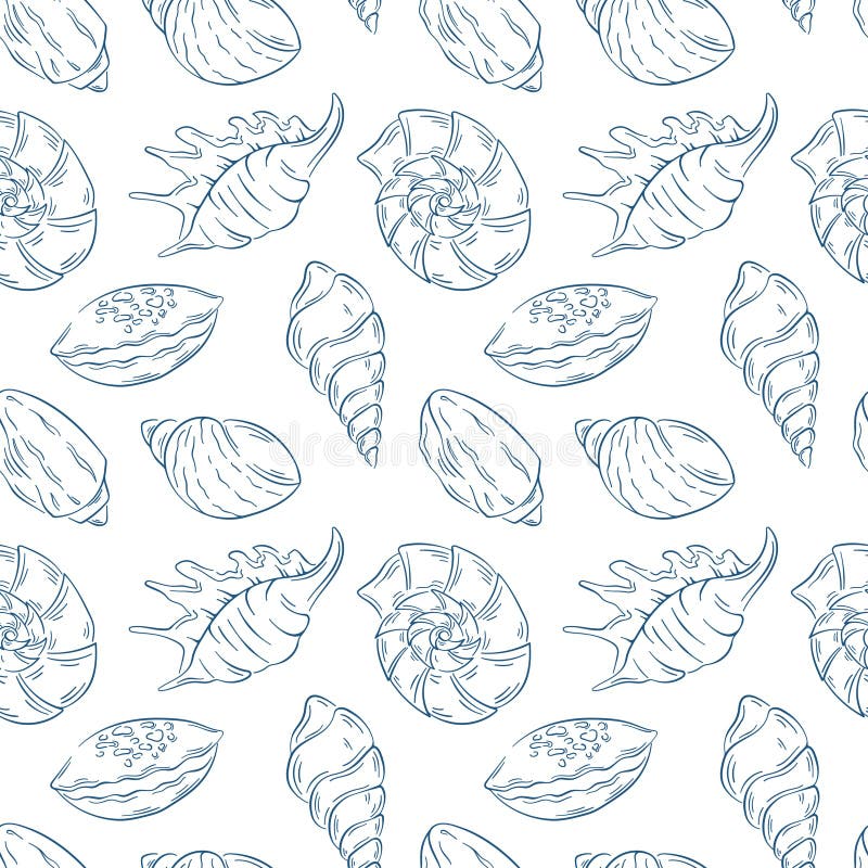 Seamless Seashell Pattern in Blue Line Art Style. Various Ocean Shell ...