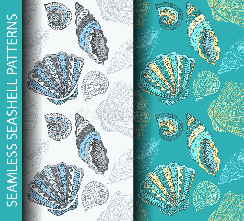 Seamless Seashell Patterns. Based on Hand Drawn Sketch Stock Vector ...