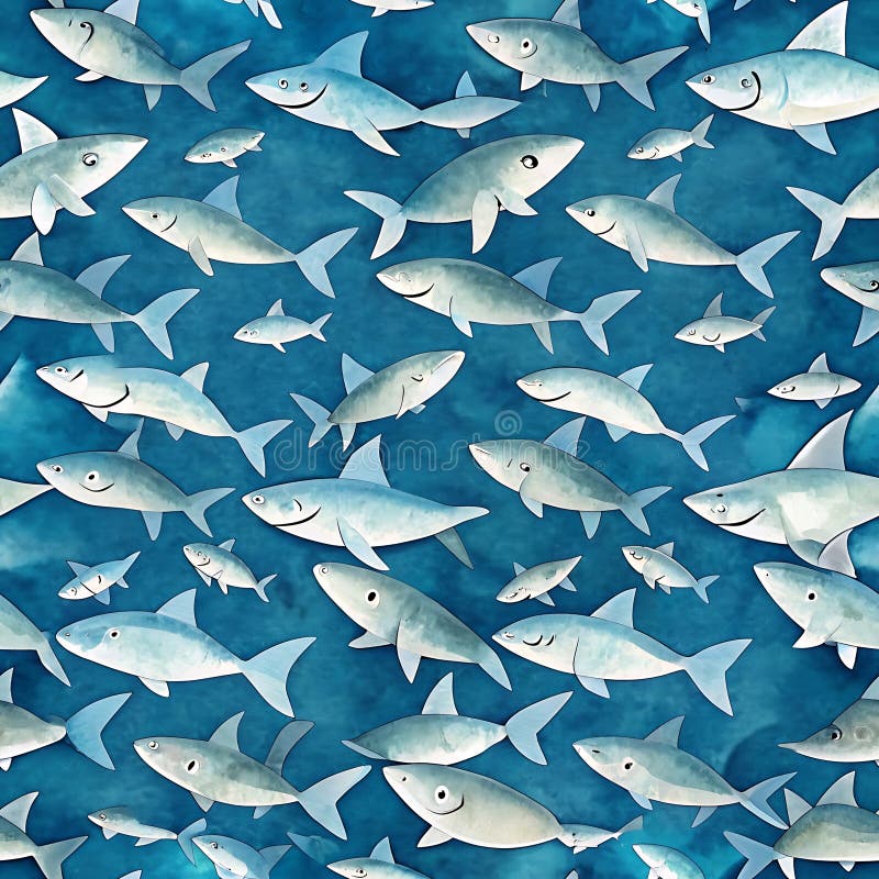 Seamless Shark Pattern with Light Green and Deep Blue Background Stock ...
