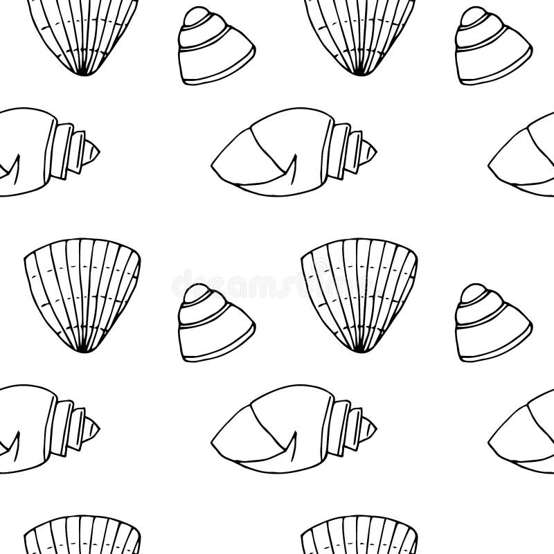 Seamless Shell Pattern. Vector Illustration of Hand Drawn Seashells in ...