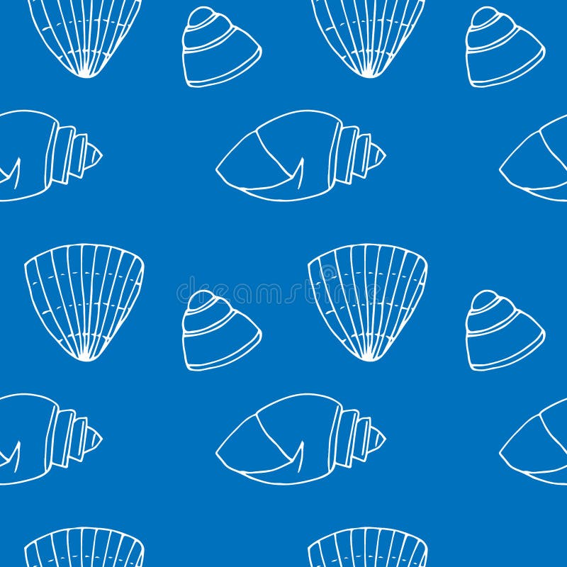 Seamless Shell Pattern, Vector Illustration, Hand Drawn, Blue Color ...