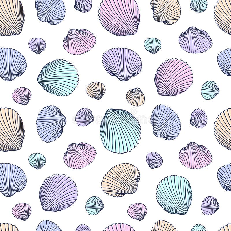 Seamless Shell Pattern. Vector Illustration of Hand Drawn Seashells in ...
