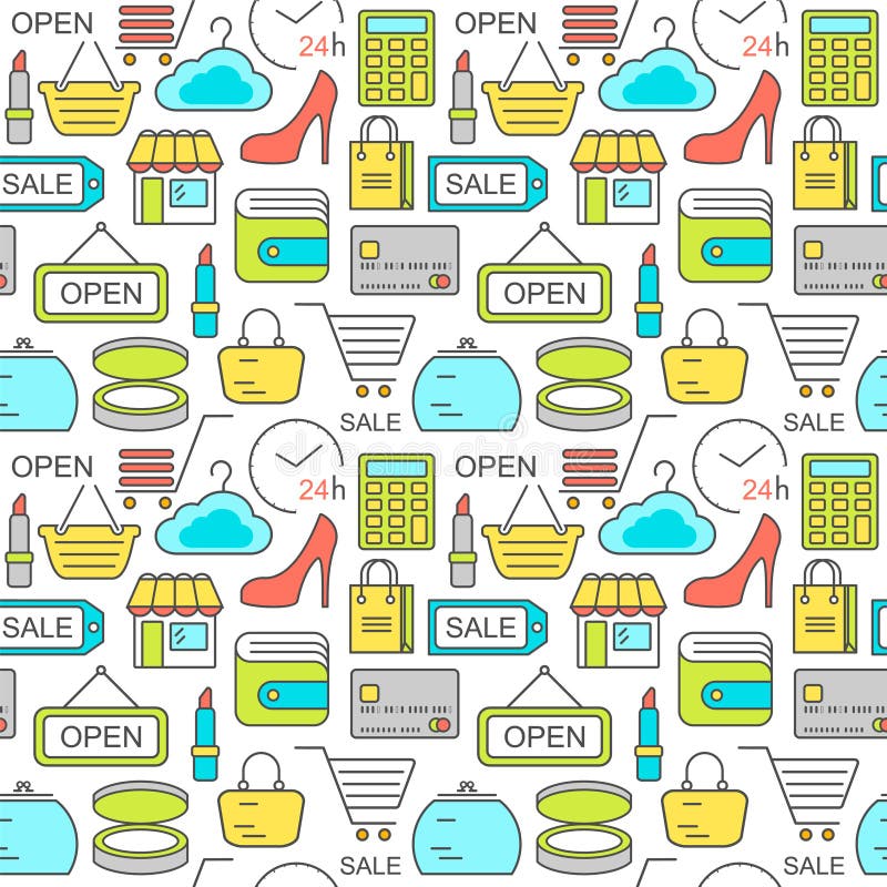 Seamless Shopping Background with Line Style Icons Stock Vector ...