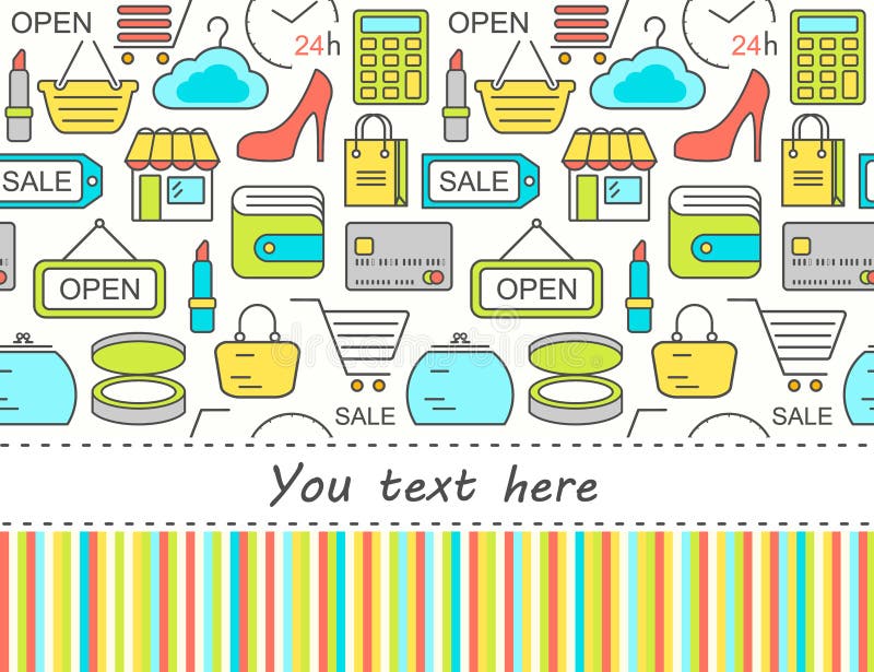 Seamless Shopping Background with Colored Line Style Icons Stock Vector ...