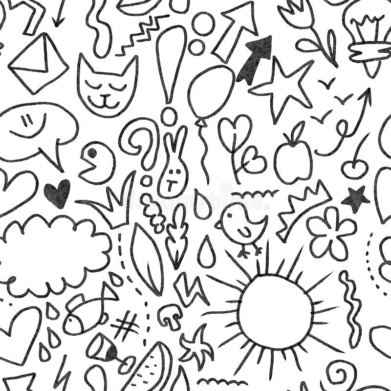 Seamless Simple Line Art Cartoon Pattern with Green Leaves on White ...