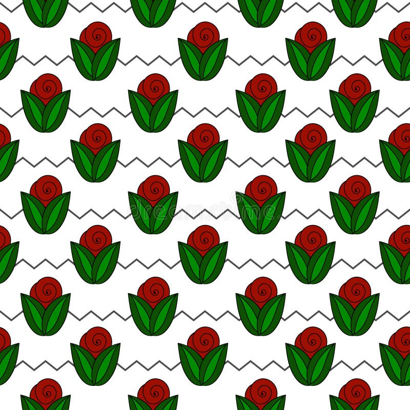 Seamless Simple Pattern with Flower, Rose, Stems, Zig Zag Stock ...