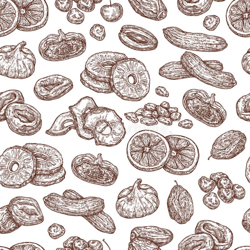 Seamless Sketch Pattern with Dried Fruits. Vector Handmade Background ...