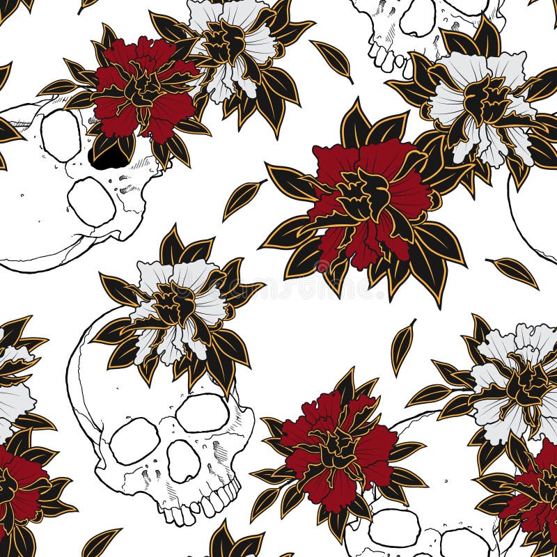 Seamless Skull and Flower Pattern Stock Vector - Illustration of ...