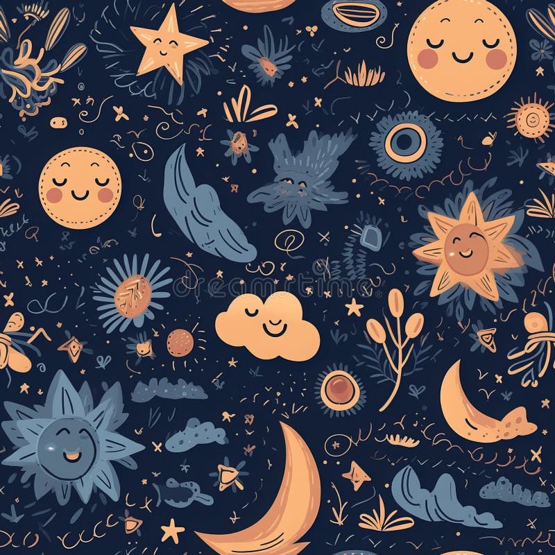 Seamless Smiling Moon Texture with Planets and Stars Stock Illustration ...