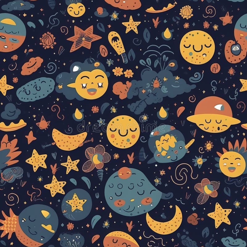 Seamless Smiling Moon Texture with Planets and Stars Stock Illustration ...