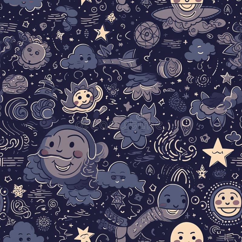 Seamless Smiling Moon Texture with Planets and Stars Stock Illustration ...