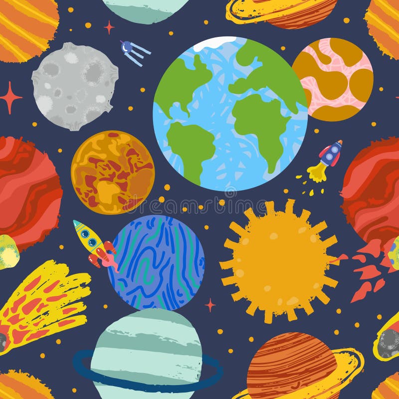 Seamless Space Pattern with Colorful Planets and Asteroids. Hand Drawn ...