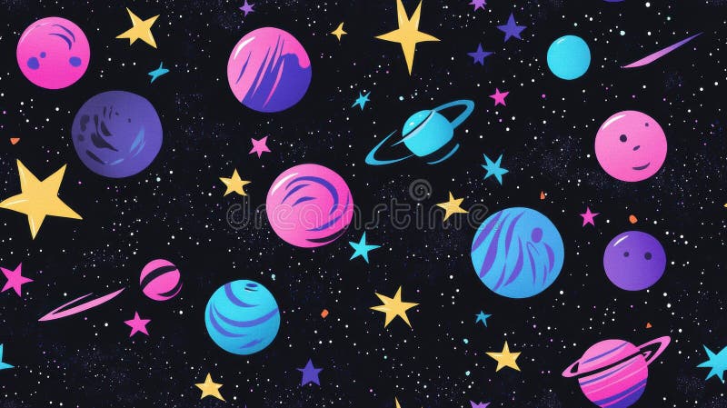Colorful Space Pattern Featuring Planets Stars Whimsical Cosmic ...