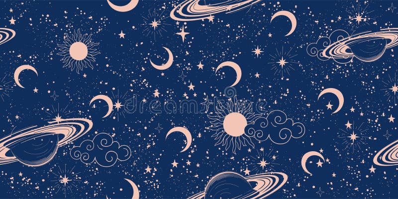 Seamless Space Pattern with Planets, Sun and Clouds on a Blue Starry ...