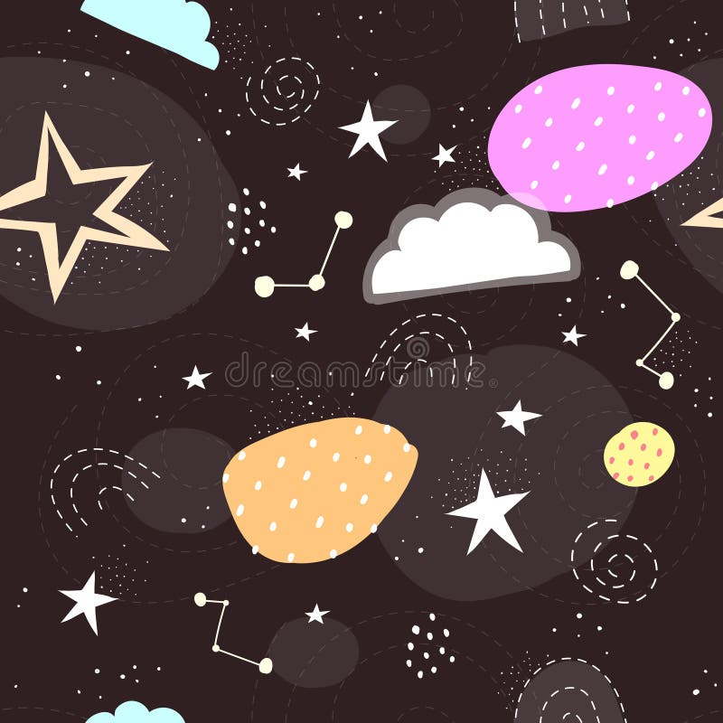 Seamless Space Pattern with Stars, Clouds, Rainbow, Decor Elements on a ...