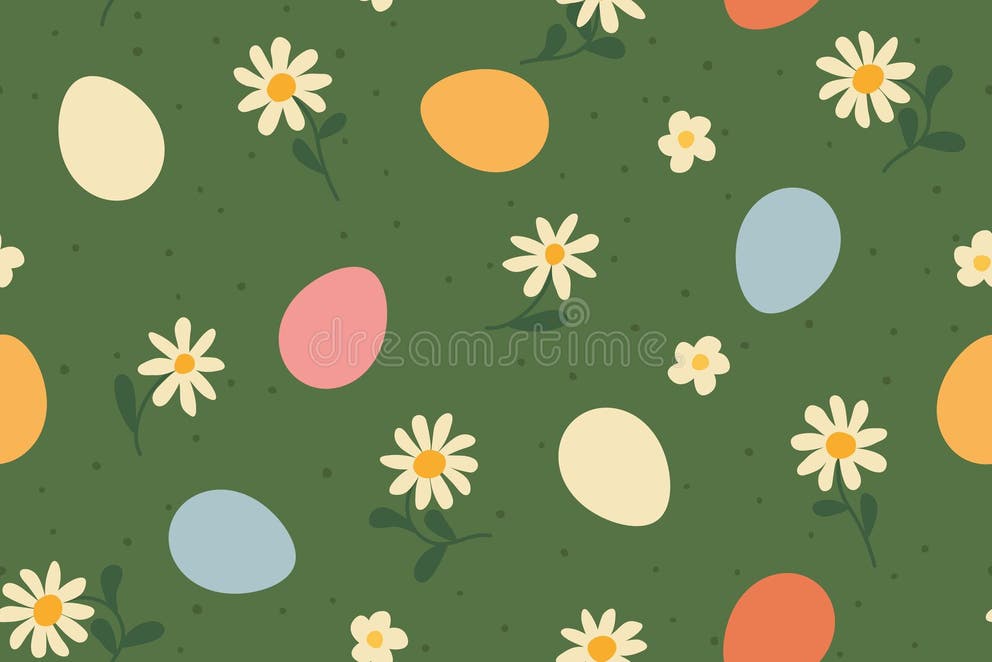 Seamless Spring, Easter Pattern with Colorful Eggs and Daisy Flowers ...