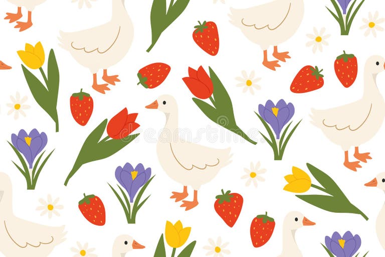 Seamless Spring, Easter Pattern with Geese, Strawberries and Flowers Stock Vector - Illustration ...