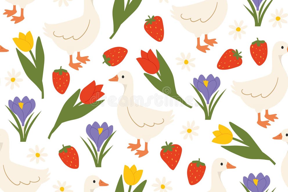Seamless Spring, Easter Pattern with Geese, Strawberries and Flowers ...