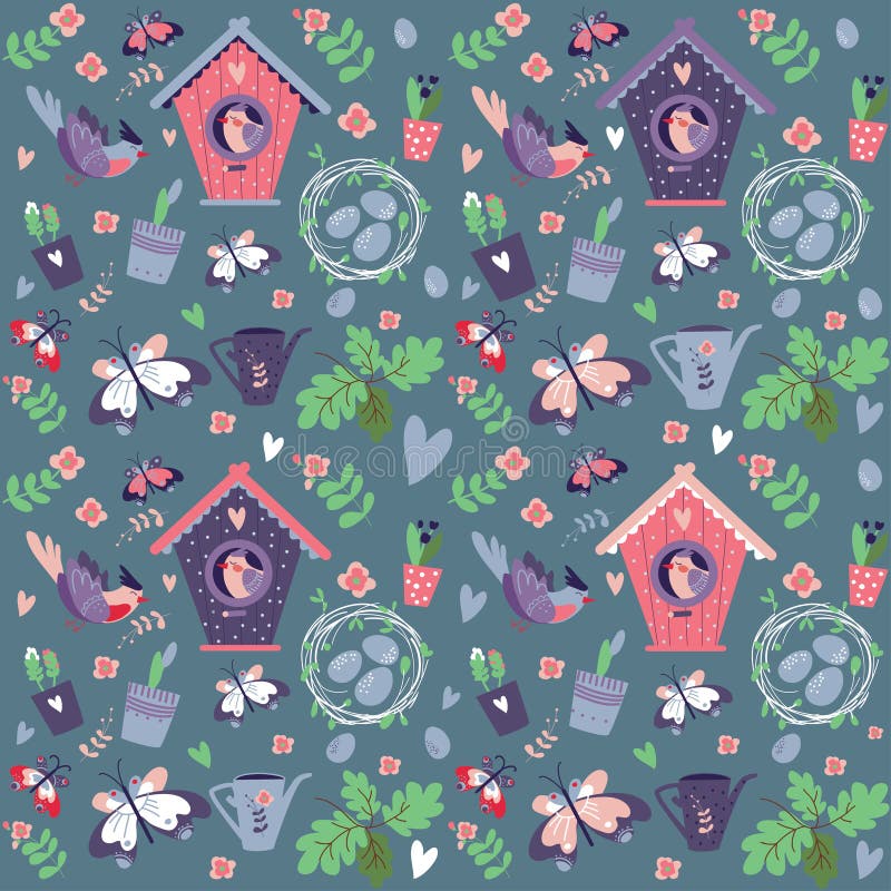 Seamless Spring Pattern with Birds Nests and Bird Houses Stock Photo ...