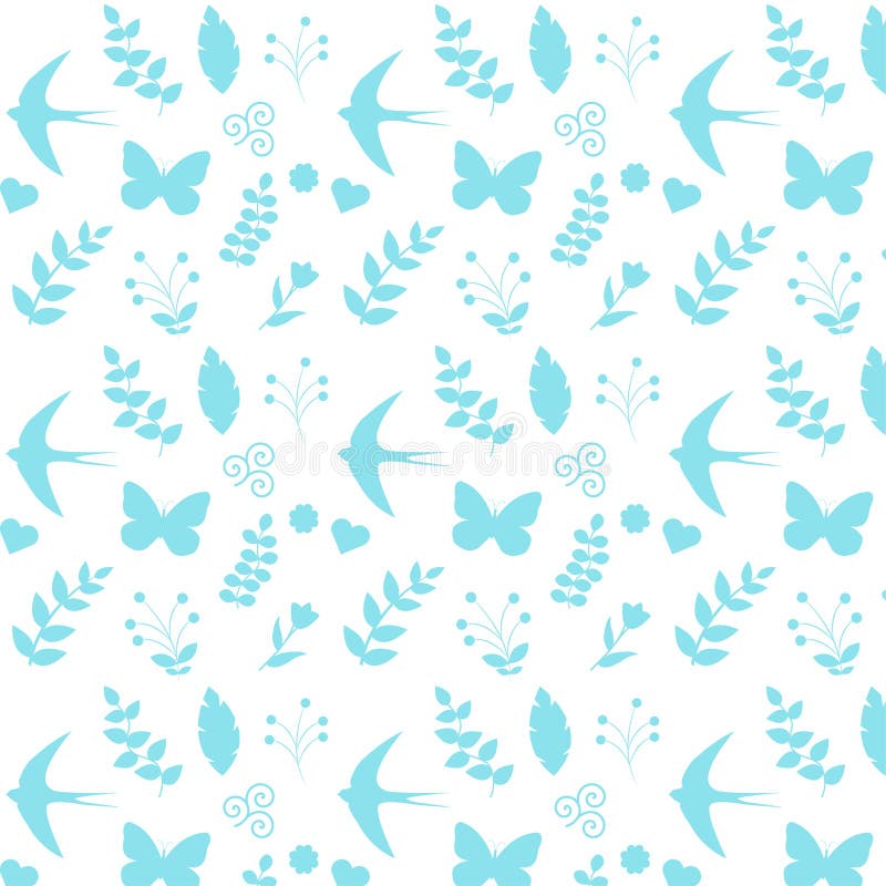 Seamless Spring Pattern in Blue with Flowers, Berries, Leaves on a ...