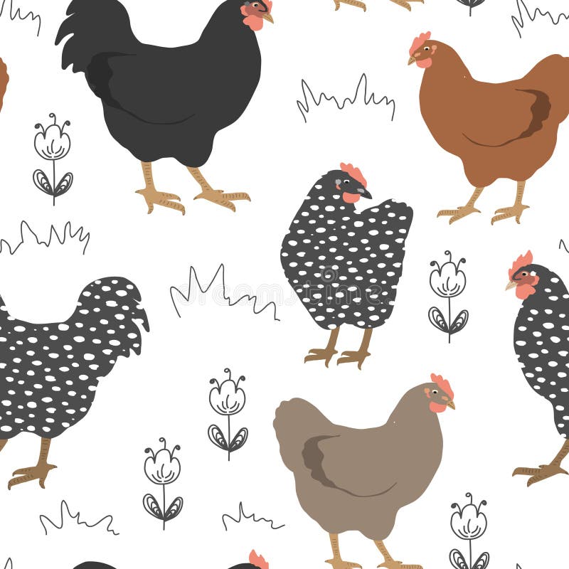 Seamless Spring Pattern with Cute Chickens and Flowers. Vector Graphic ...
