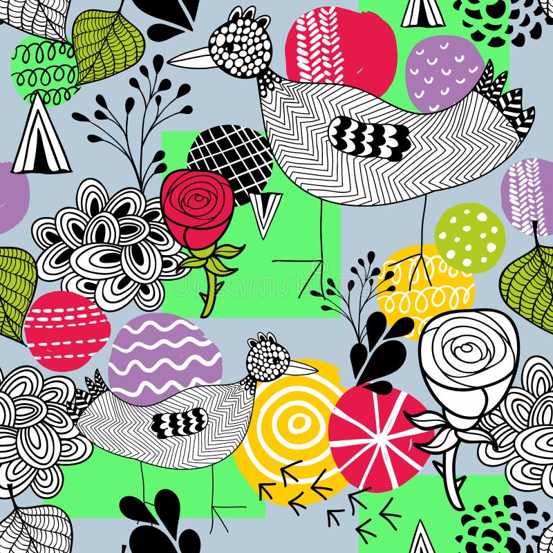 Seamless Spring Pattern with Doodle Farm Birds. Stock Vector ...