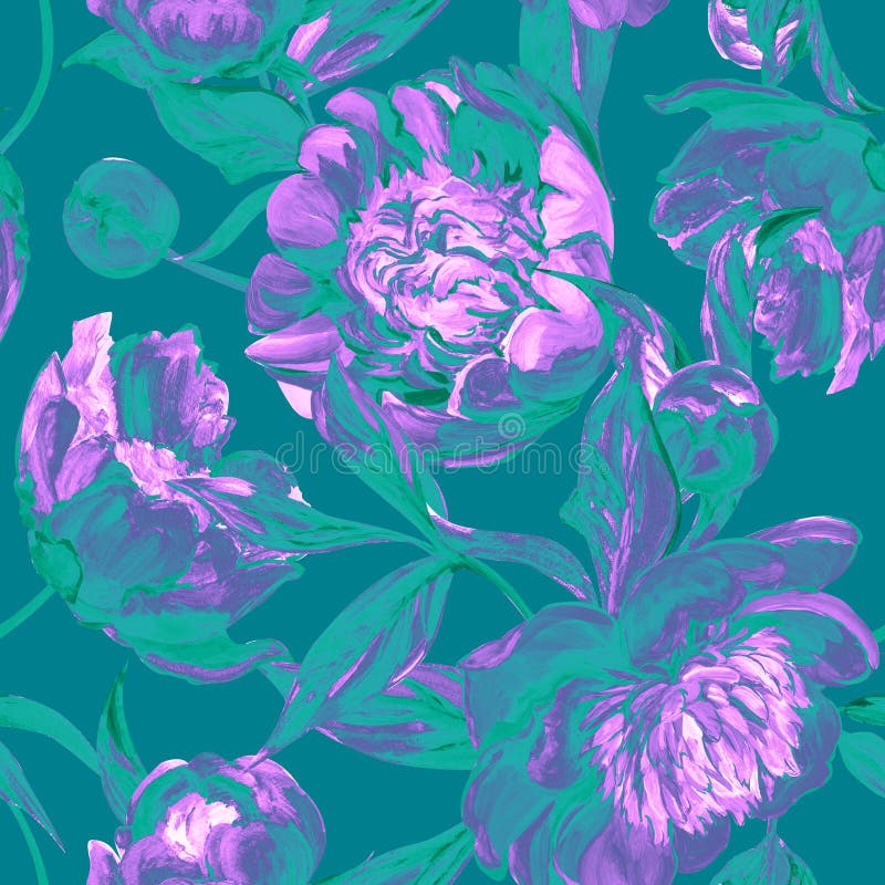 Seamless Spring Pattern Drawn in Gouache with Pink Peonies Stock Photo ...