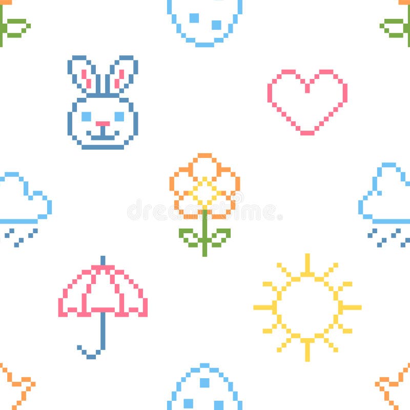 Seamless Spring Pattern with Pixel Art Design Elements Stock Vector ...