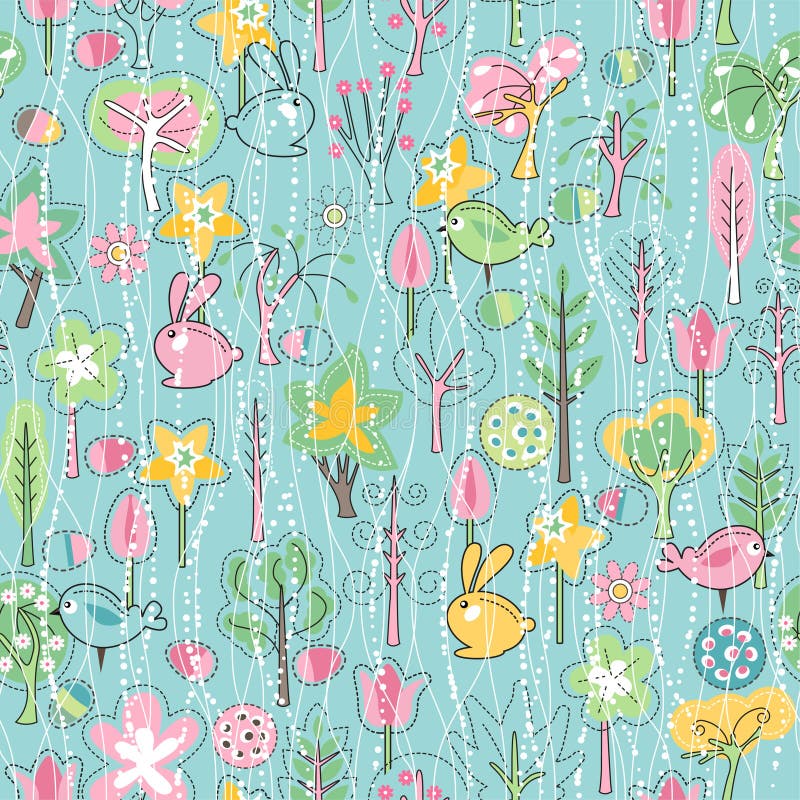Seamless Spring Pattern with Stylized Blue Trees Stock Illustration ...