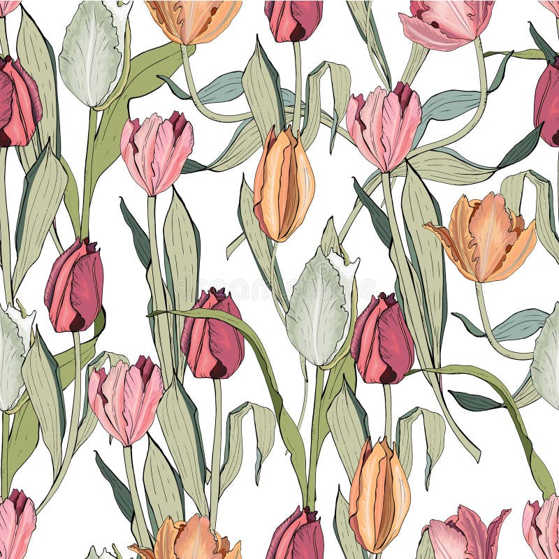 Seamless Spring Pattern with Stylized Cute Pink Flowers, Tulips. Stock ...