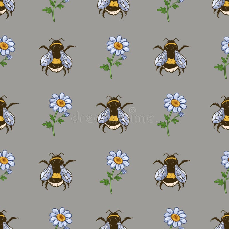 Seamless Square Pattern with Bees and Daisies. Stock Vector ...