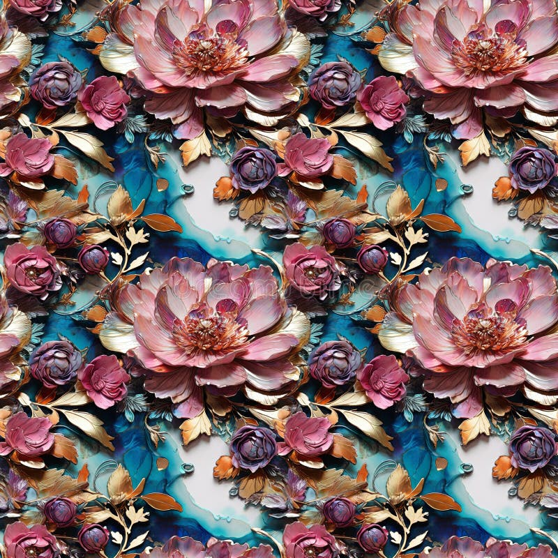 Seamless Square Tile, 4 Combined for Visual Display, Thick Paint Floral ...