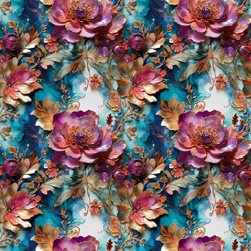 Seamless Square Tile, 4 Combined for Visual Display, Thick Paint Floral ...