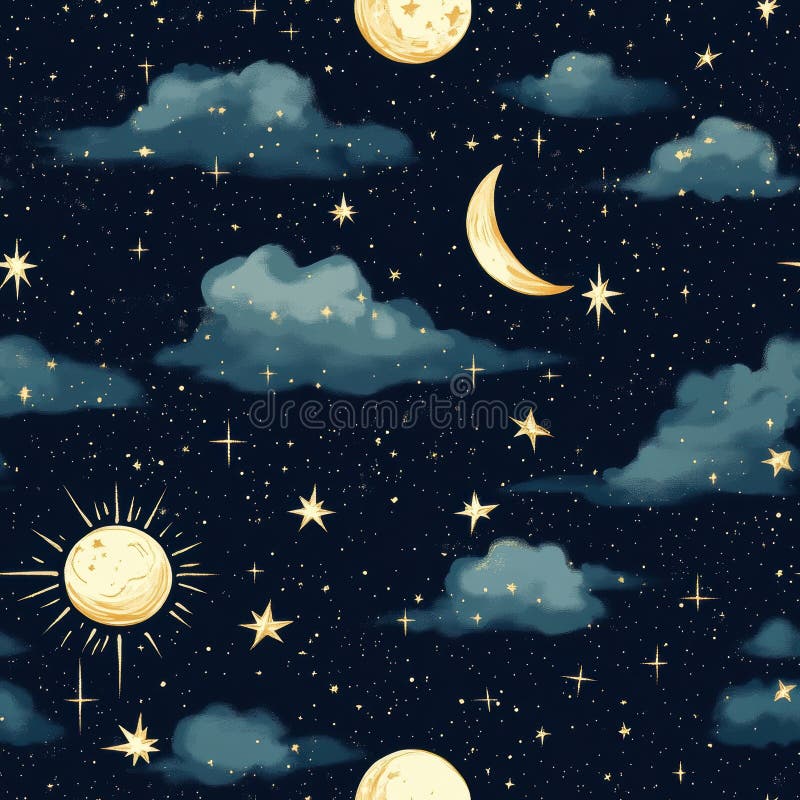 Seamless Starry Night Sky Wallpaper Pattern Featuring Clouds, Moons ...