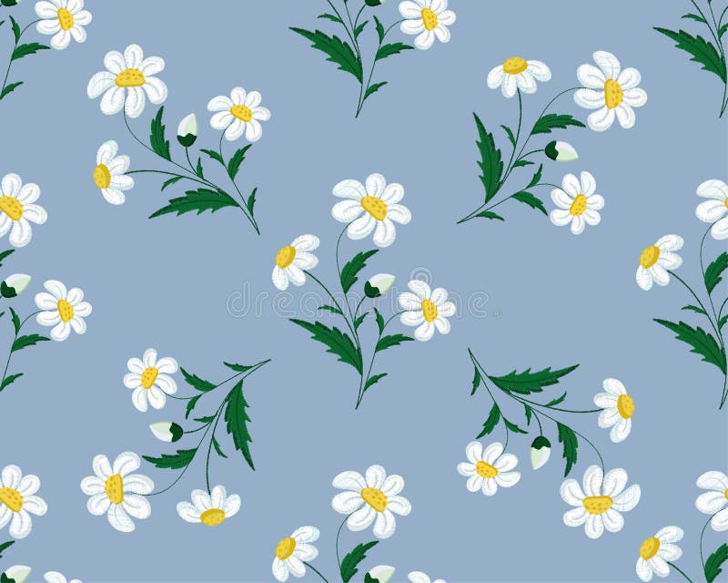 Seamless Stitch Embroidered Pattern with Daisy Flowers on a Blue ...