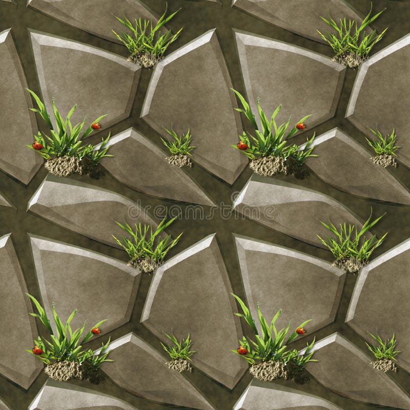 Seamless Stone Pavement Pattern with Grass, Clay and Ladybugs Stock ...