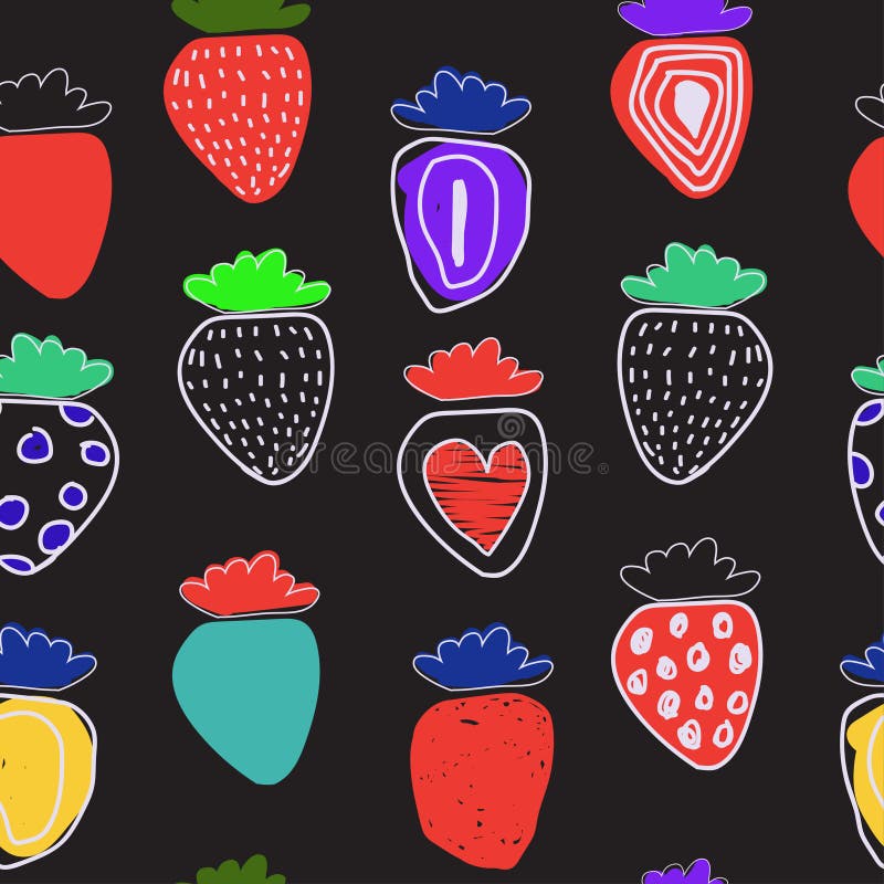 Strawberry Hand Drawn Seamless Pattern. Cute Colorful Strawberries with ...